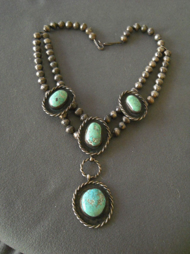 Old Native American Navajo Blue-Green Turquoise Rope Sterli Silver Bead ...