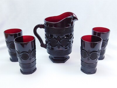 Avon Cape Cod Ruby Red Glass Pitcher and 4 Tumblers Set | eBay