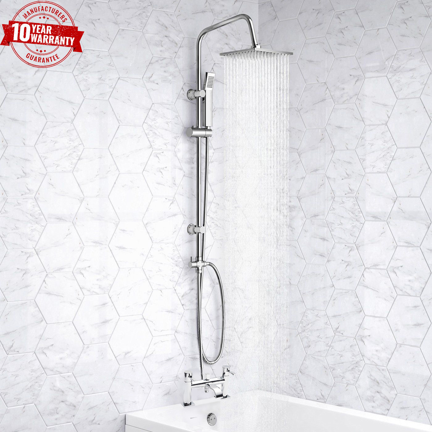 Chrome Bath Shower Mixer Tap With 3 Way Rigid Riser Square Shower Rail ...