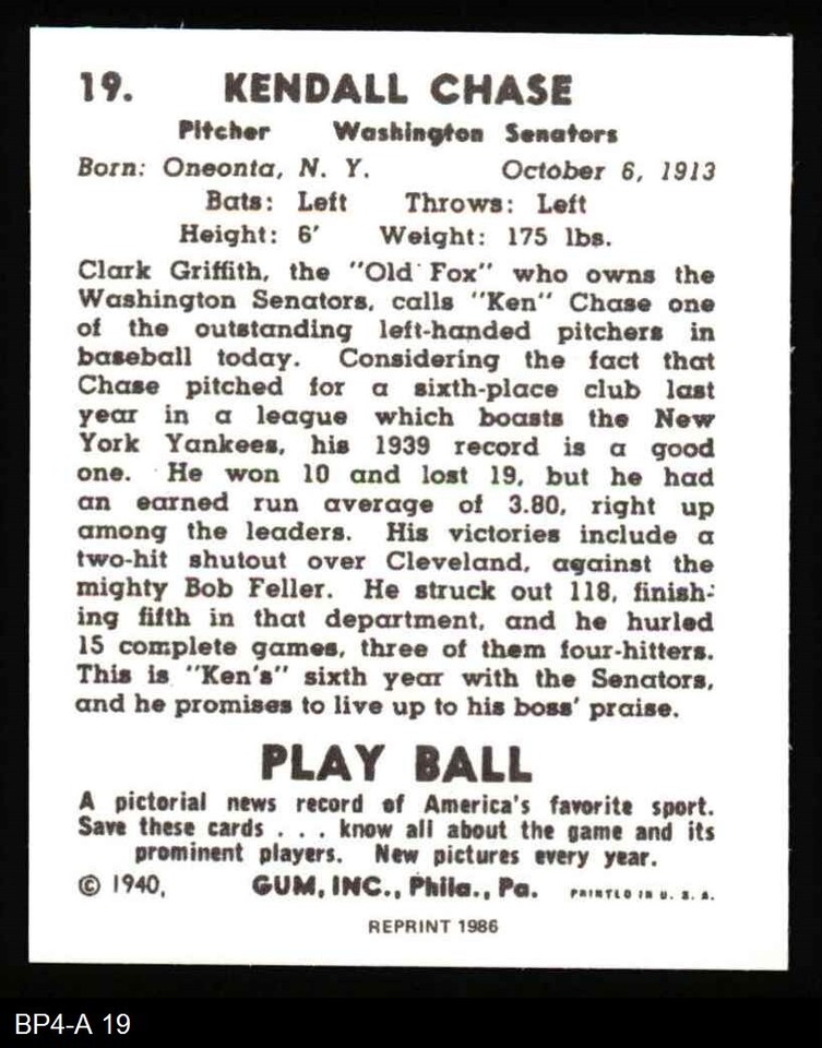 1940 Play Ball Reprint #19 Ken Chase Senators 8 - NM/MT | eBay