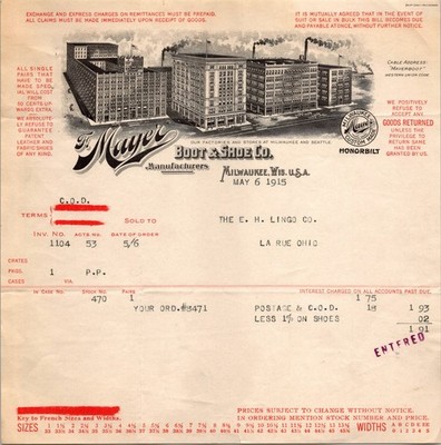 Mayer Boot & Shoe Co Milwaukee WI 1915 Billhead | eBay