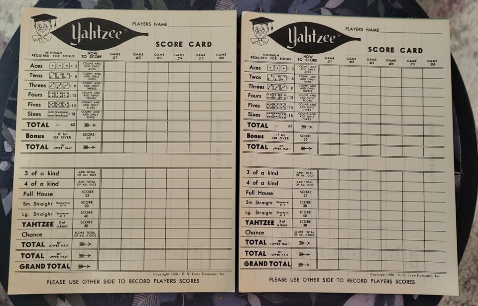 Vintage Yahtzee Score Pads c1956.Dice Games, Toys,Hobbies. ES Lowe ...