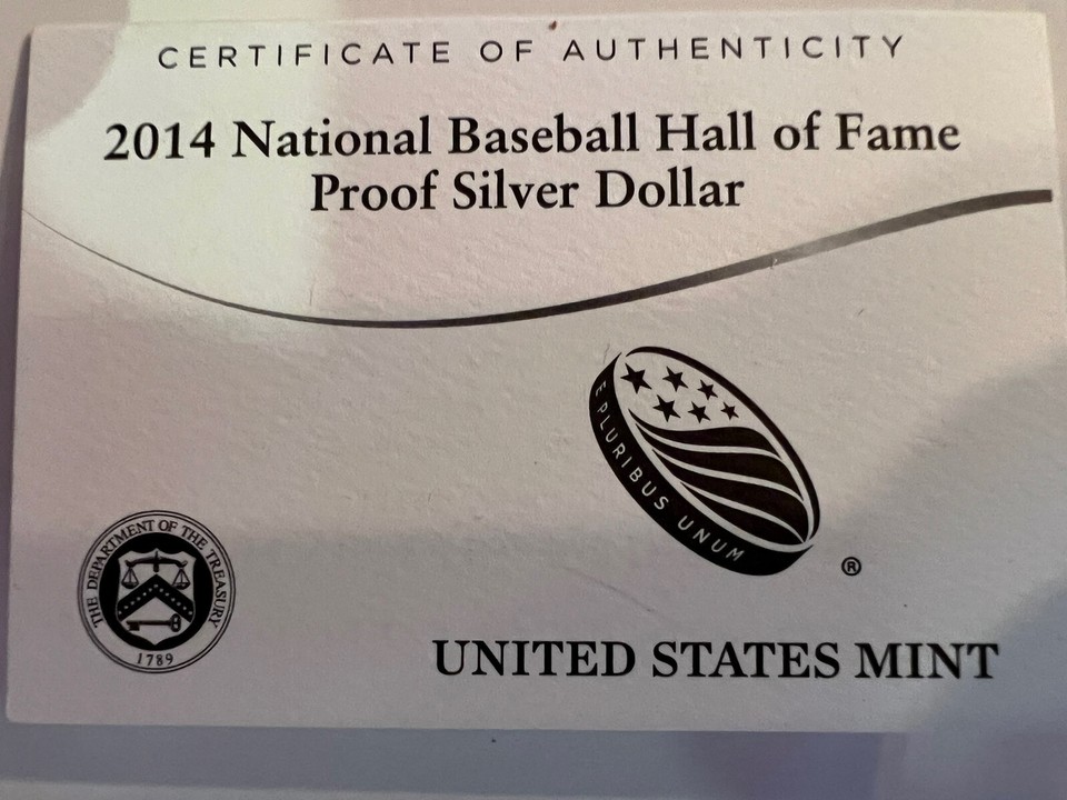 2014 P 1oz 90% SILVER DOLLAR PROOF. BASEBALL HALL OF FAME. OGP AND COA ...