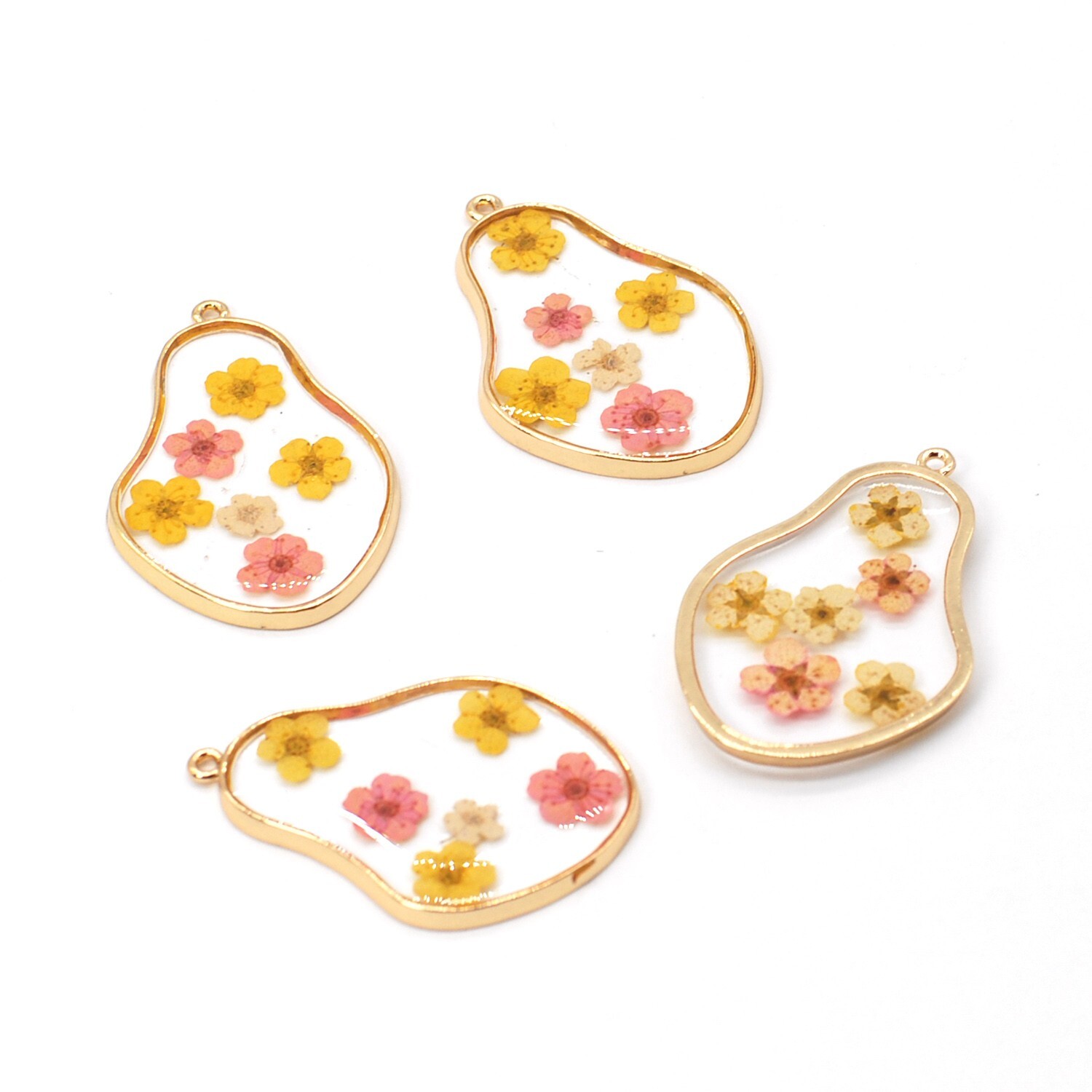 4PCS Gold Tone Real Dry Flower Resin Irregular Pear Charm Pendant ...