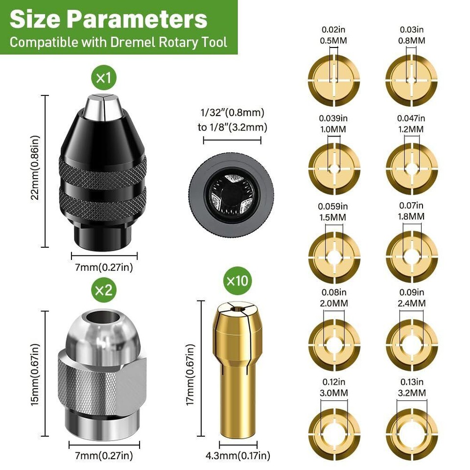 Drill Chuck Collet Set for Dremel, 15PCS Chuck Collet Kit, 0.8-3.2mm ...