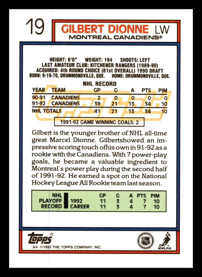 1992 Topps Gilbert Dionne Montreal Canadiens #19 Centered Mint | eBay