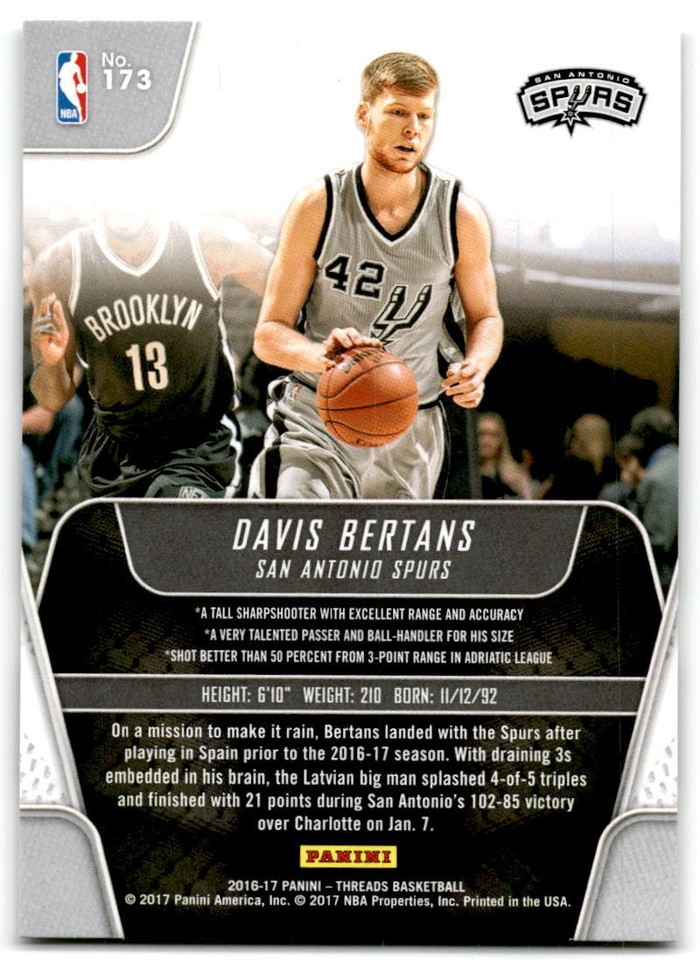 2016-17 Panini Threads #173 Davis Bertans San Antonio Spurs Rookie | eBay