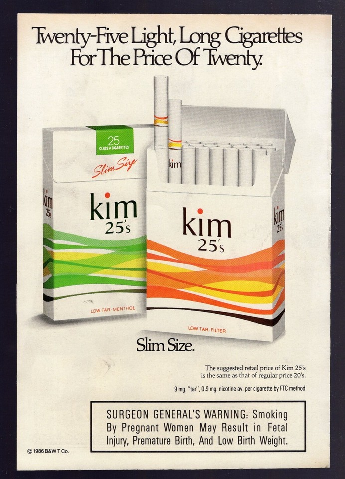 1986 DOUBLE SIDED PRINT AD NEW KIM CIGARETTES SLIM SIZE 5 FREE PROMO | eBay