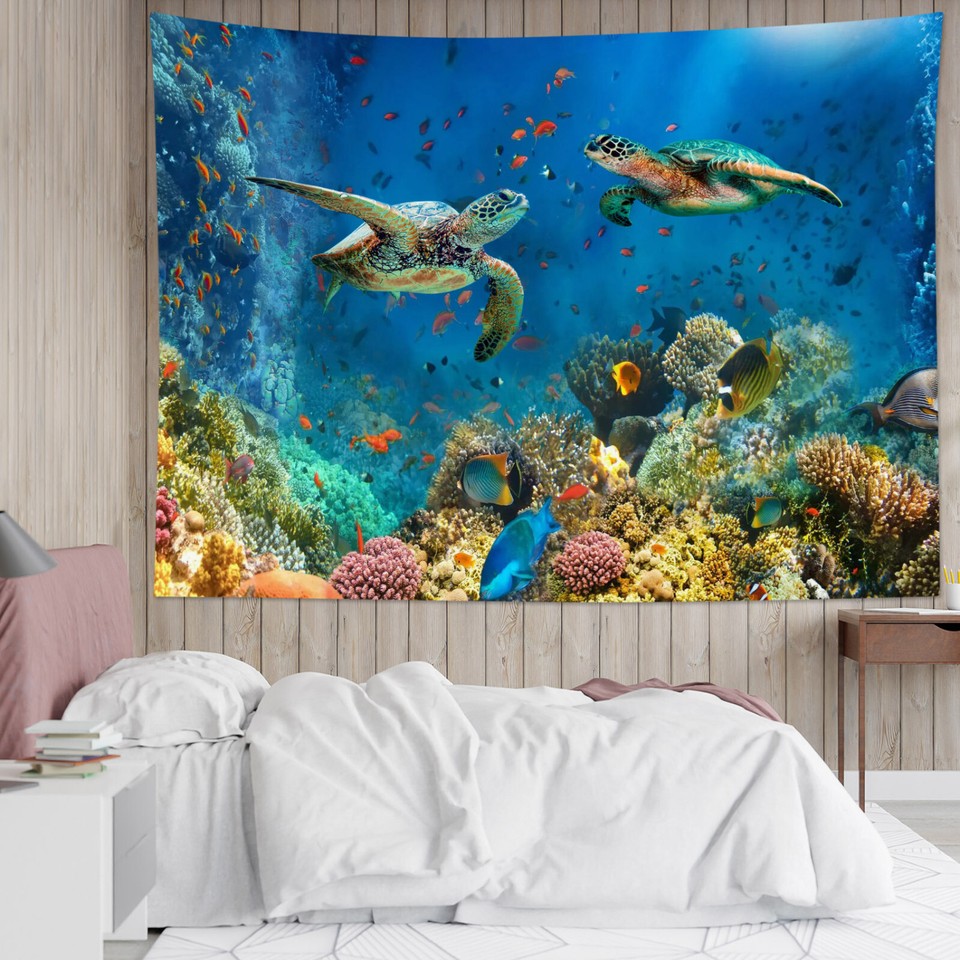 Coastal Ocean Tropical Fish Sea Turtle Tapestry for Bedroom Living Room ...