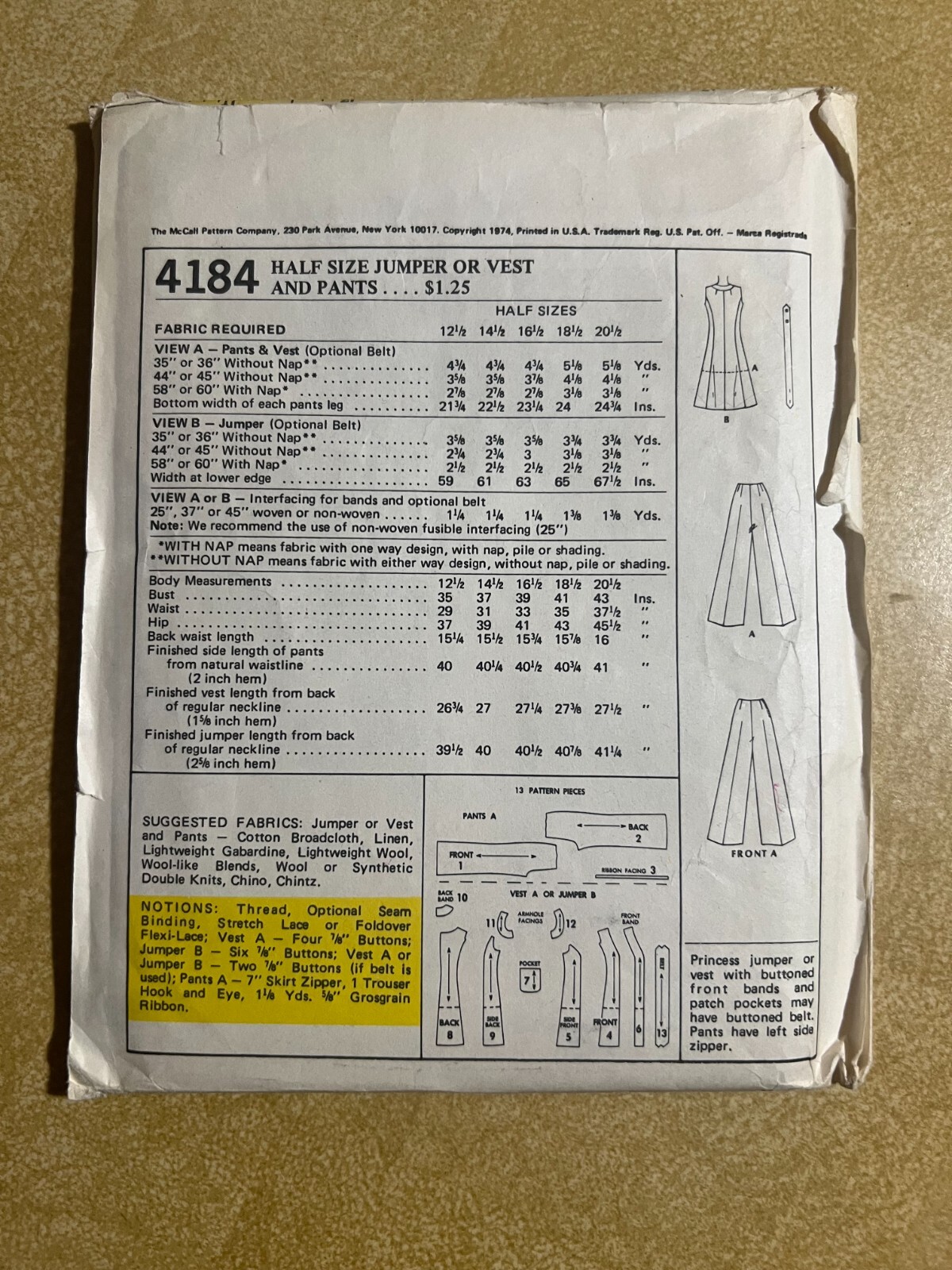 McCALL'S PATTERN 4184 ~ Size 20 1/2 ~ ~ ~ ~ ~ Listing MP 70 | eBay