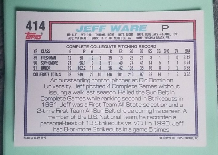 1992 Topps #414 Jeff Ware - VG - Toronto Blue Jays | eBay