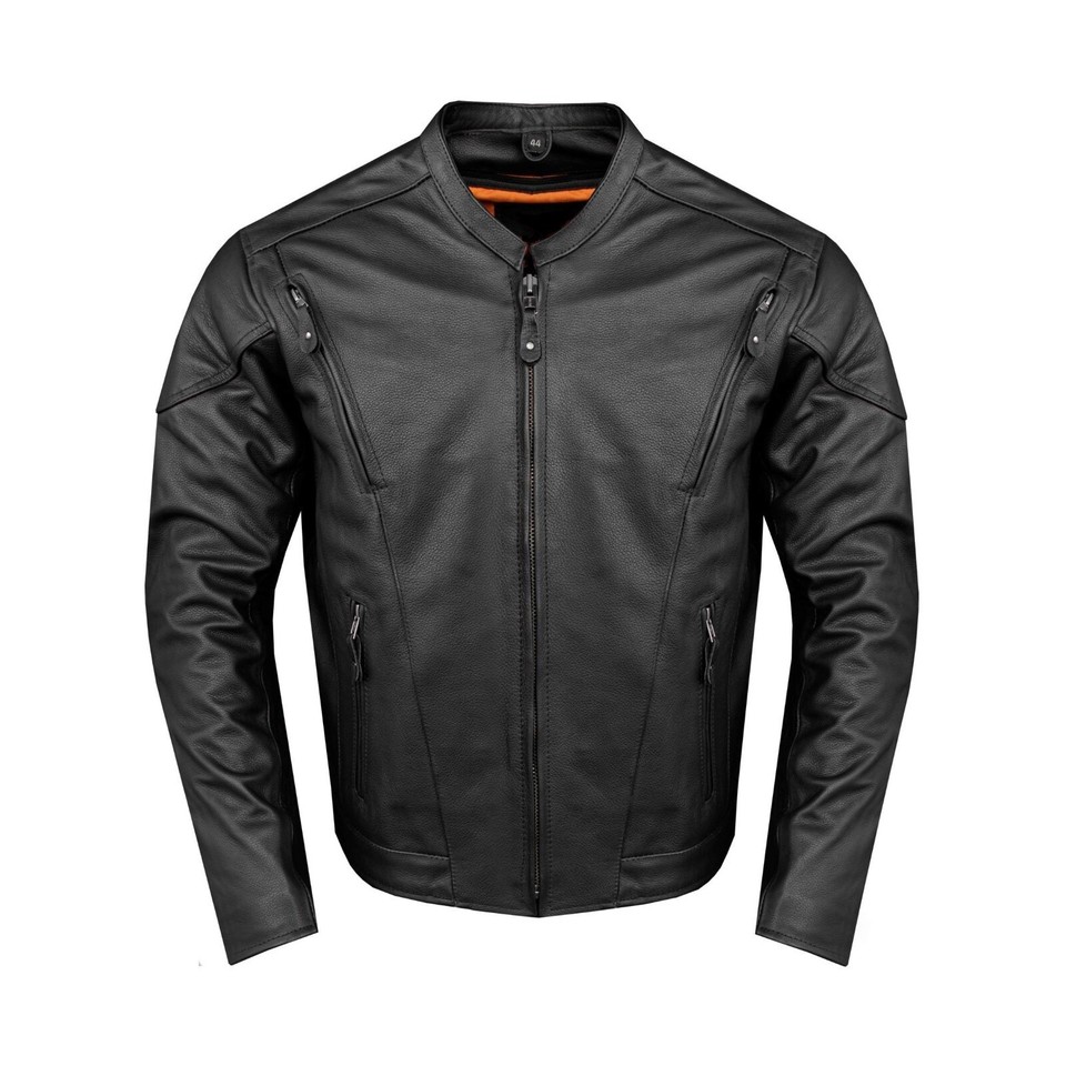 Premium Men's Motorcycle Black Cowhide Leather Biker Front Air Vents ...