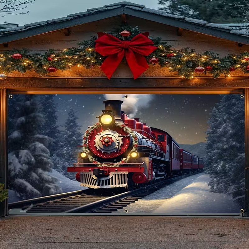 Red Christmas Train Garage Door Cover Door Banner Party Holiday ...