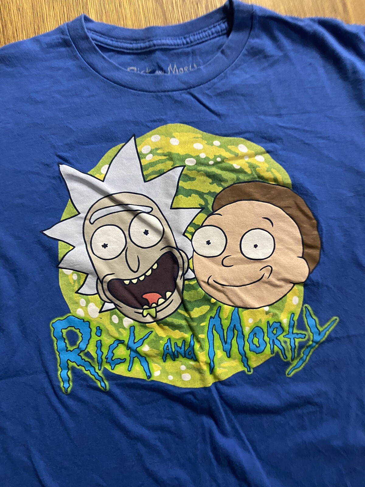 Rick and Morty Blue Graphic Cartoon Crew Neck Tee Adu… - Gem