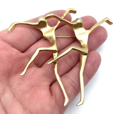 Dancer Dancing Couple Brooch Gold Tone 3” Large Modern Stick Figure EUC ...