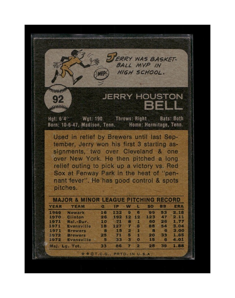 1973 Topps #92 Brewers Jerry Bell Baseball Card | eBay