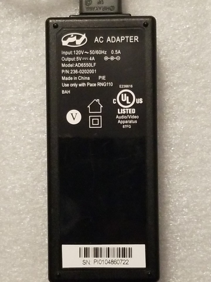 PACE RNG110 AC POWER ADAPTER AD6550LF 236-0202001 120V 50/60HZ .5A 5V ...
