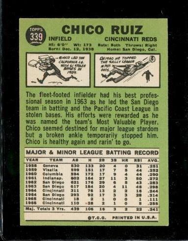 Vintage 1967 TOPPS Baseball Trading Card #339 CHICO RUIZ Cincinnati ...