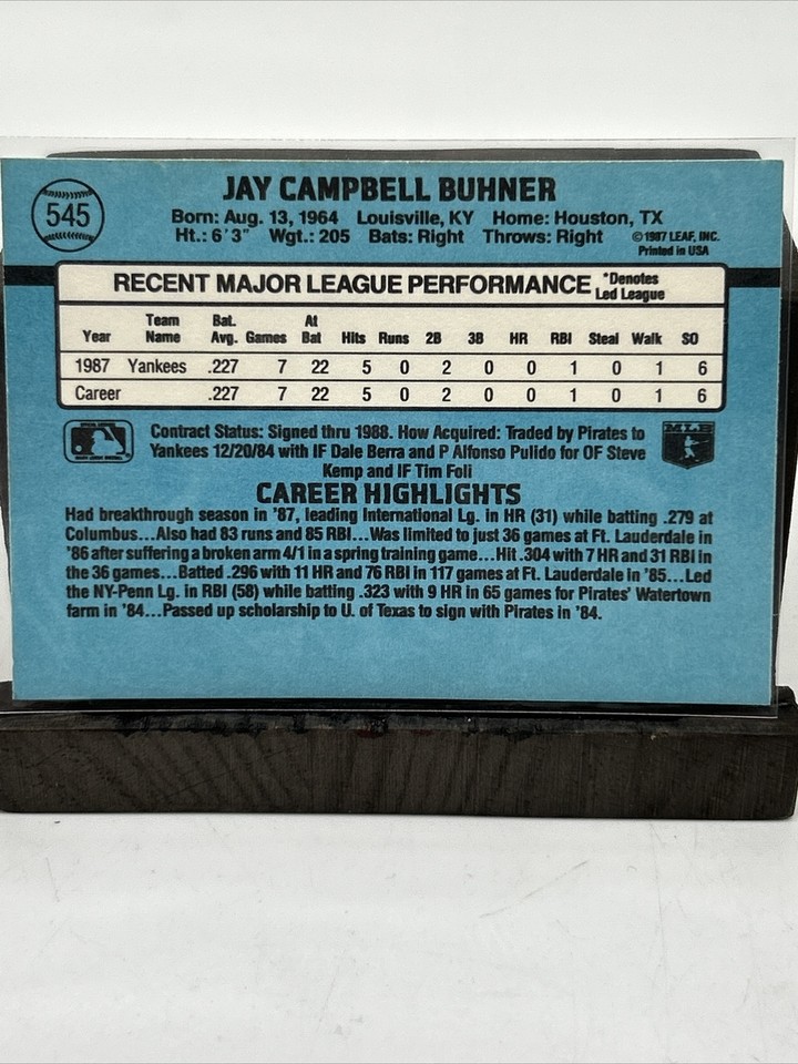 1988 Donruss 545 Jay Buhner New York Yankees Rookie Baseball Card | eBay