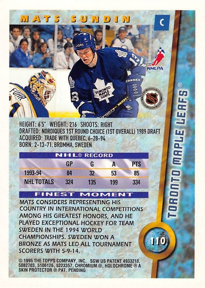 1994-95 Topps Finest Hockey Mats Sundin #1100 NM/MT TORONTO MAPLE LEAFS ...