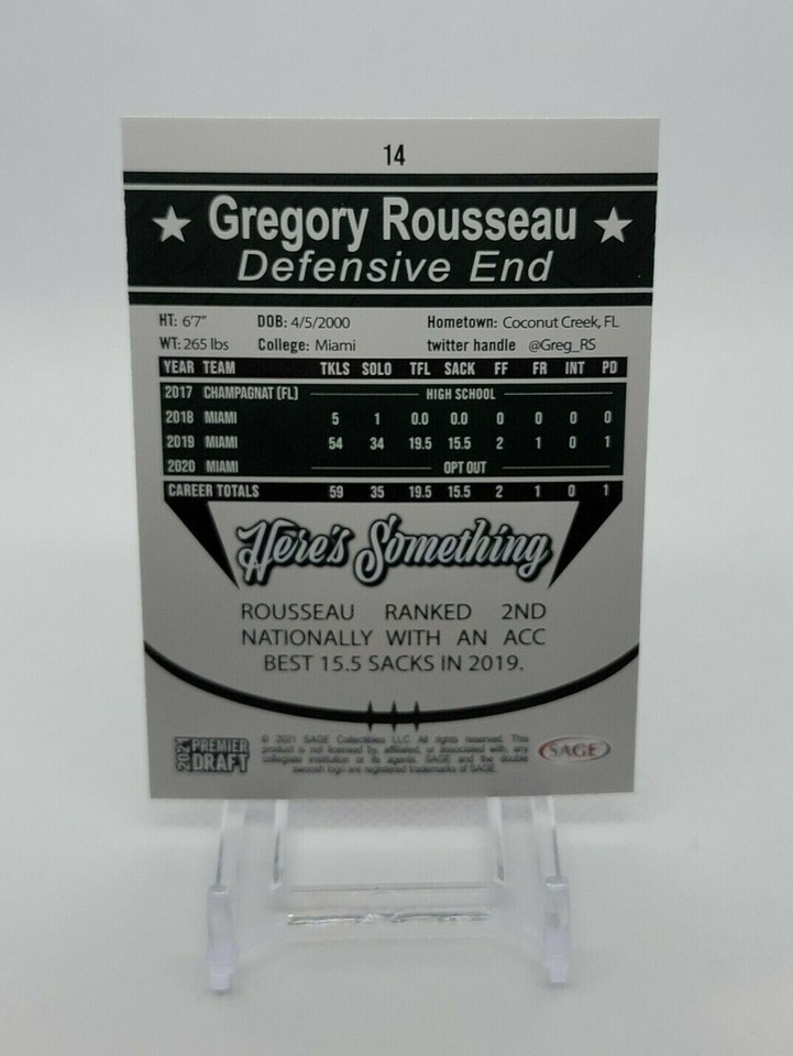 🏈GREG ROUSSEAU ROOKIE RC 2021 Sage Miami U Buffalo Bills Football Card🏈 ...