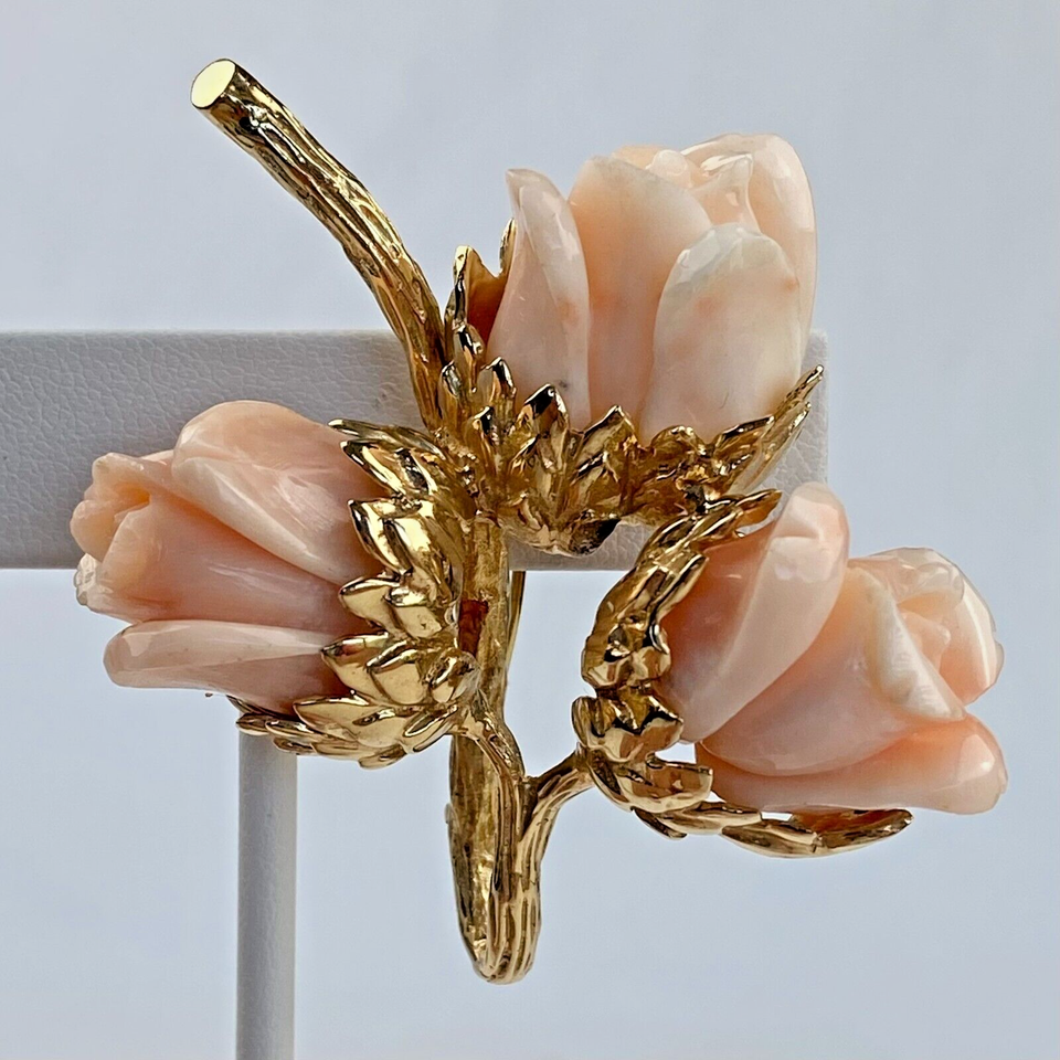 Vintage 14K Yellow Gold Coral Rose Brooch | eBay