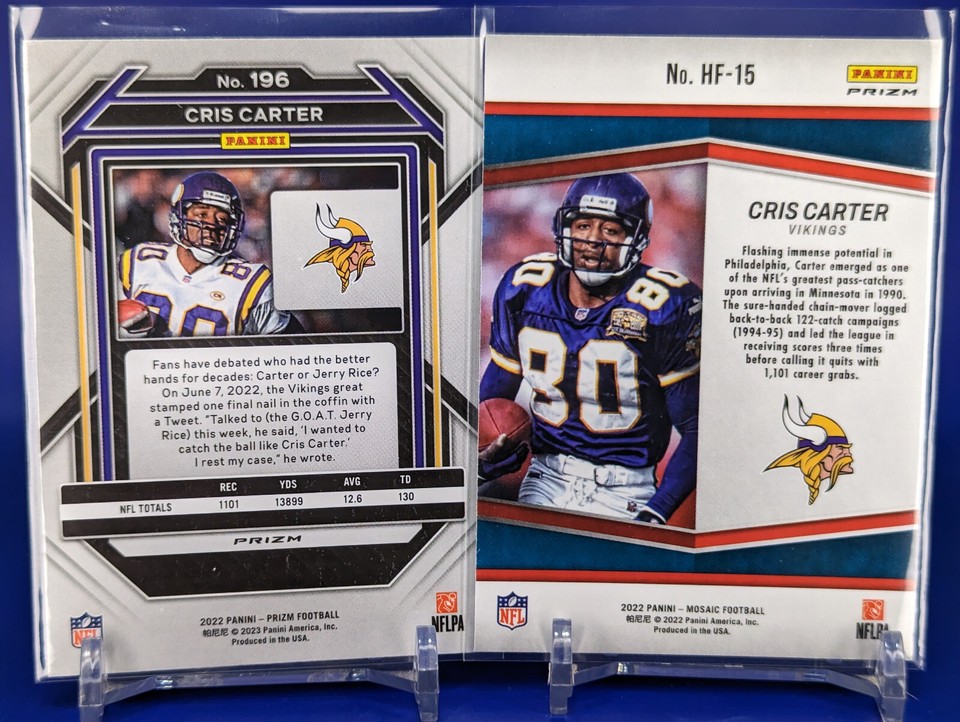 Cris Carter 2 Card Lot 2022 Panini Prizm Orange Ice + Mosaic Holofame ...