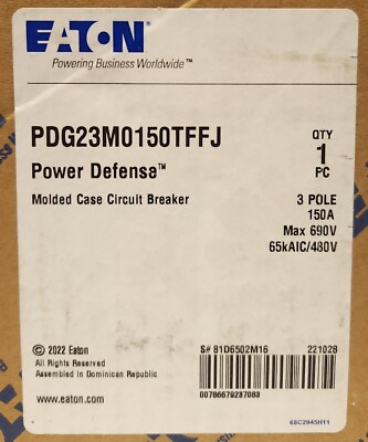 EATON PDG23M0150TFFJ 3 Pole 150 AMP PDG2 Power Defense Circuit Breaker ...
