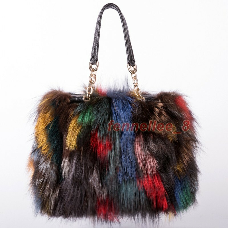 Women Multicolor Real Fox Fur Bag Color Stitching Handbag Cowhide Tote ...