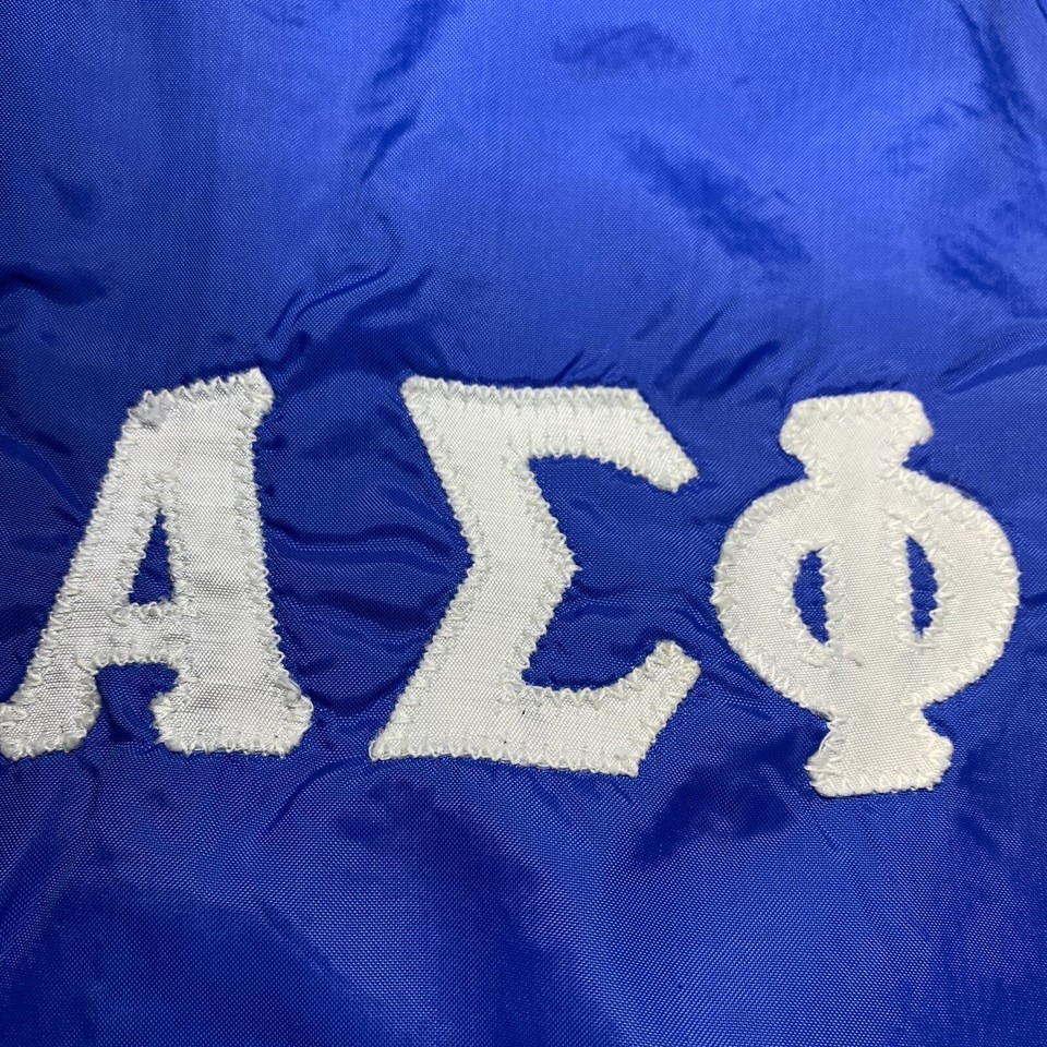 Vintage Fraternity 80s Alpha Sigma Phi Bomber Jacket Satin Blue EUC ...