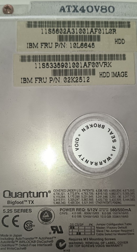 IBM 8GB Bigfoot Hard Drive 5.25" IDE TX 02K2512 10L6645 vintage for ...