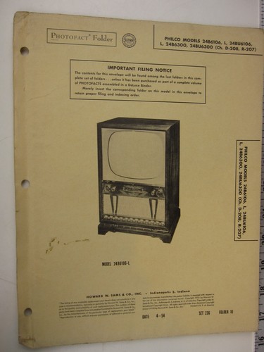 50's SAMS Photofact Folder PHILCO Models 24B6106, 24BU6106, 24B6300 ...