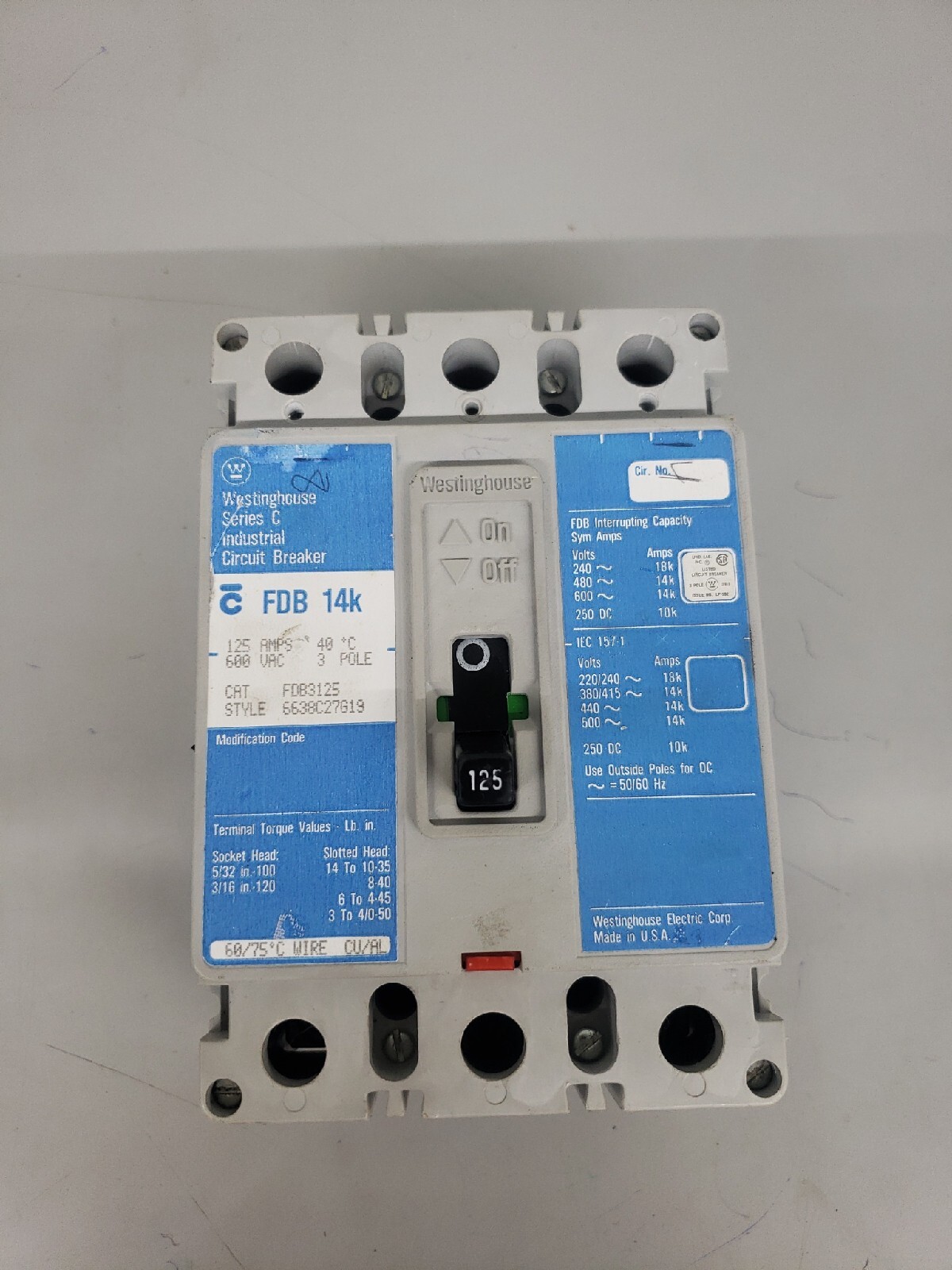 1- WESTINGHOUSE FDB3125 Circuit Breaker 125 Amp 600V 3 Pole Blue- GRAY ...