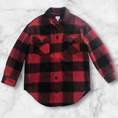 Womens Buffalo Check Shacket Large Red Black Fleece Casual Warm | eBay