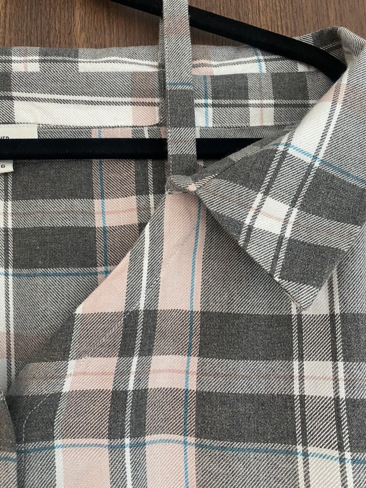 River Island Pink, Grey & White Check Off The Shoulder Shirt - Size 6 ...