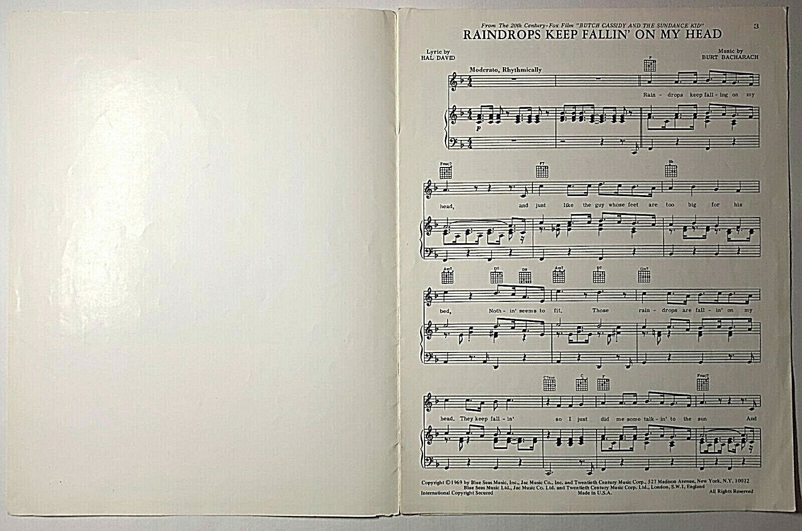 1969 Sheet Music Raindrops Keep Falling On My Head Butch Cassidy ...