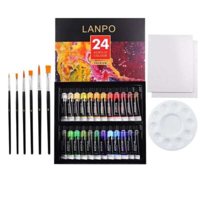 Lanpo 24 Color Paint Set 6 Paintbrushes 2 Canvas Panels Full Acrylic ...