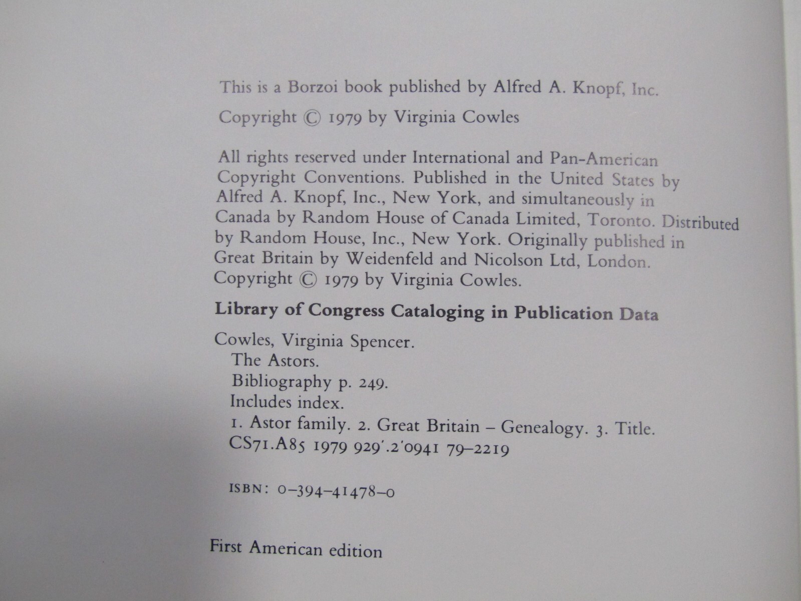 1979 THE ASTORS HARDCOVER BOOK BY VIRGINIA COWLES - NICE PRINTS - KD ...