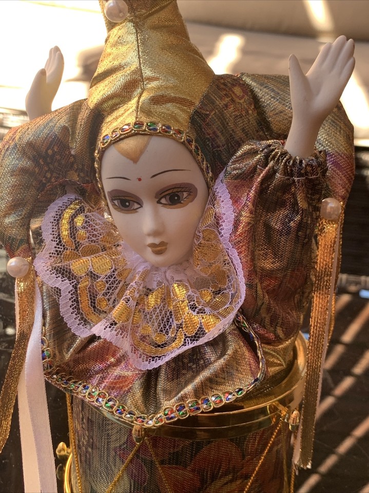 Vtg Porcelain Gold Plum Harlequin Doll Music Box 10” Sparkling~Jeweled ...