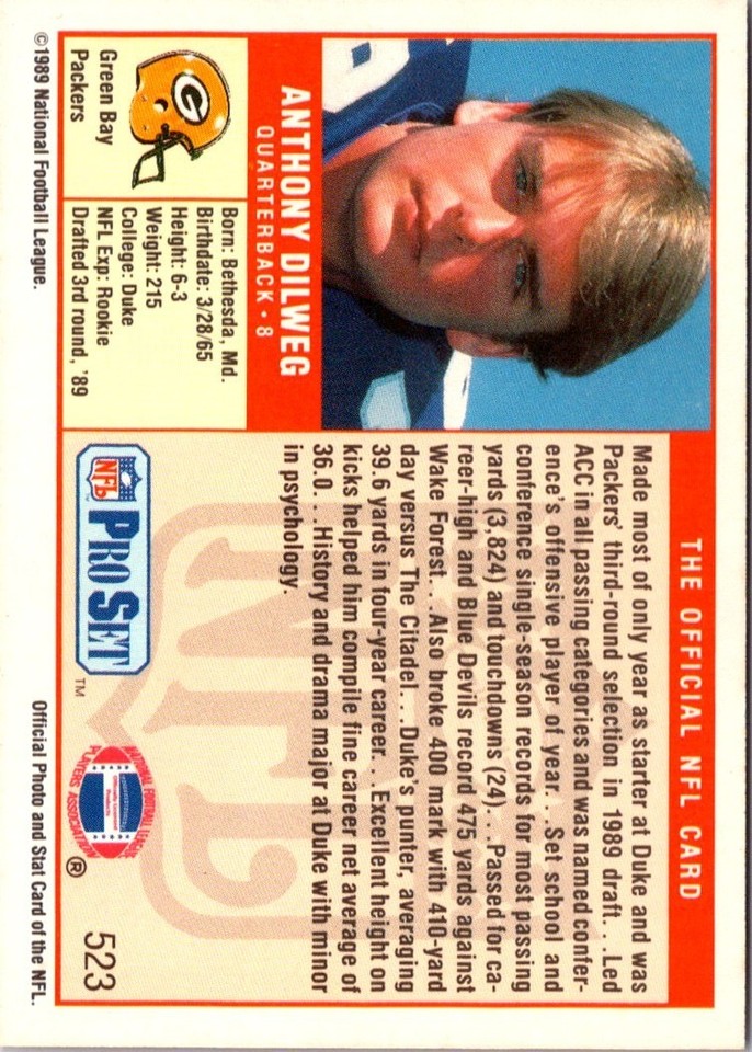 1989 Pro Set Anthony Dilweg #523 Green Bay Packers Football Card | eBay