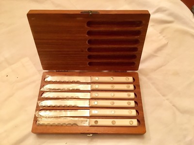 Set Of Six 6 Vintage Ivory Color Handled Steak Knives In Wooden Case ...
