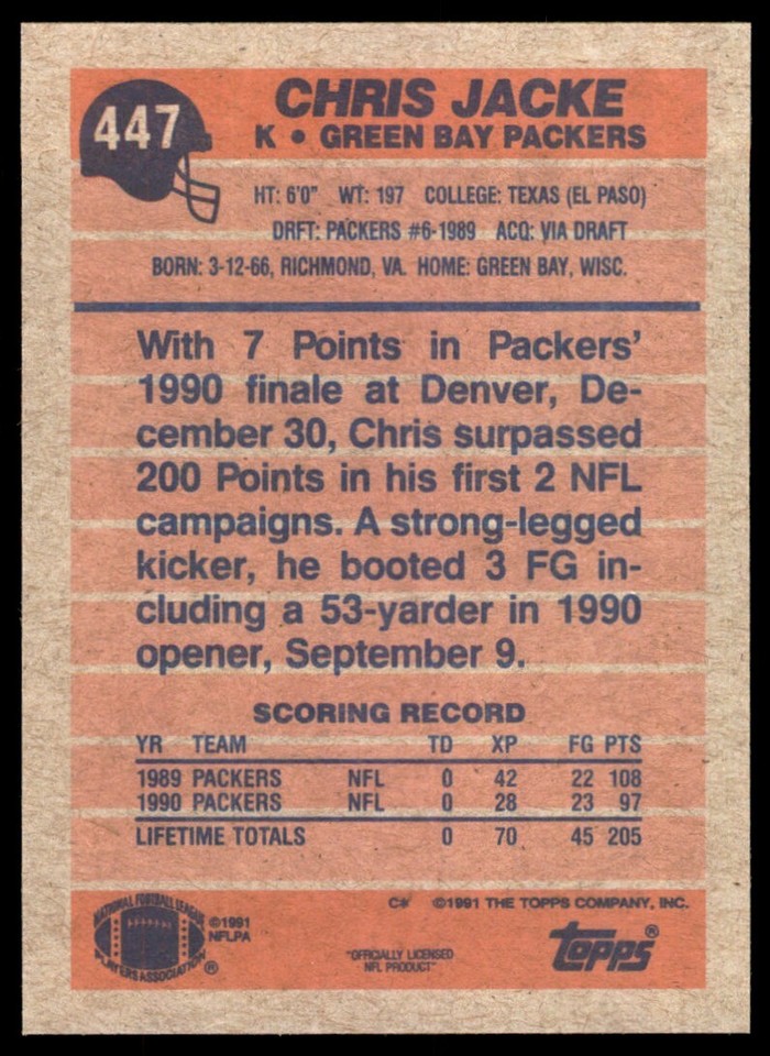 1991 Topps Chris Jacke Green Bay Packers #447 | eBay
