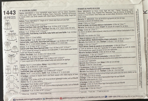 1443 Simplicity 18" Doll Clothes Sweater Dress Playsuit Sewing Pattern ...