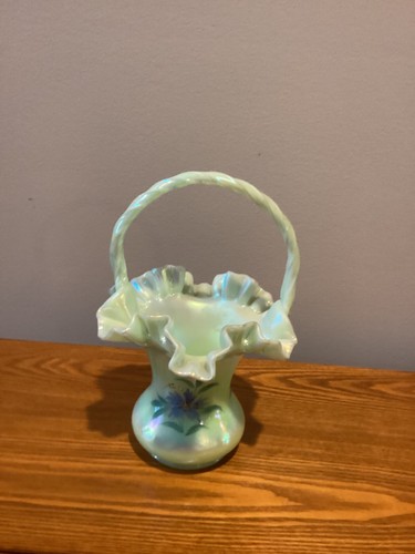 Fenton 1998 Museum Basket, Sea Grren Satin Iridized Glass, Made for QVC ...