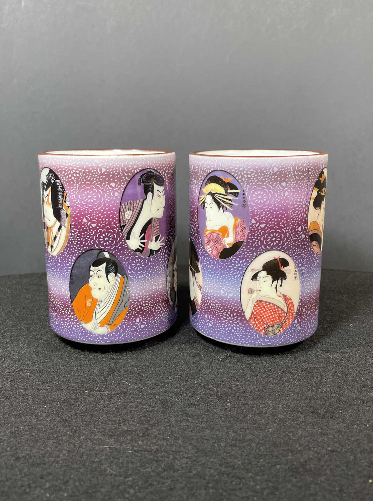 Kabuki Theater Japanese Saki or Tea Cups Samurai Warriors Geisha Girls ...