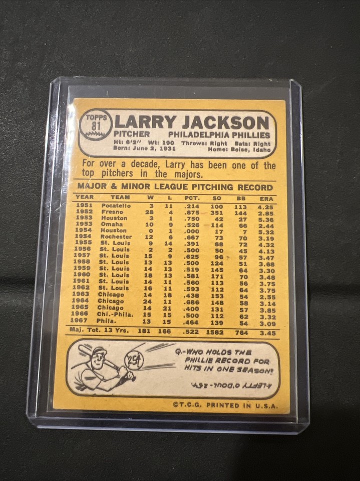 1968 Topps Baseball Card #81 Larry Jackson - Low To Mid Grade - G/VG ...