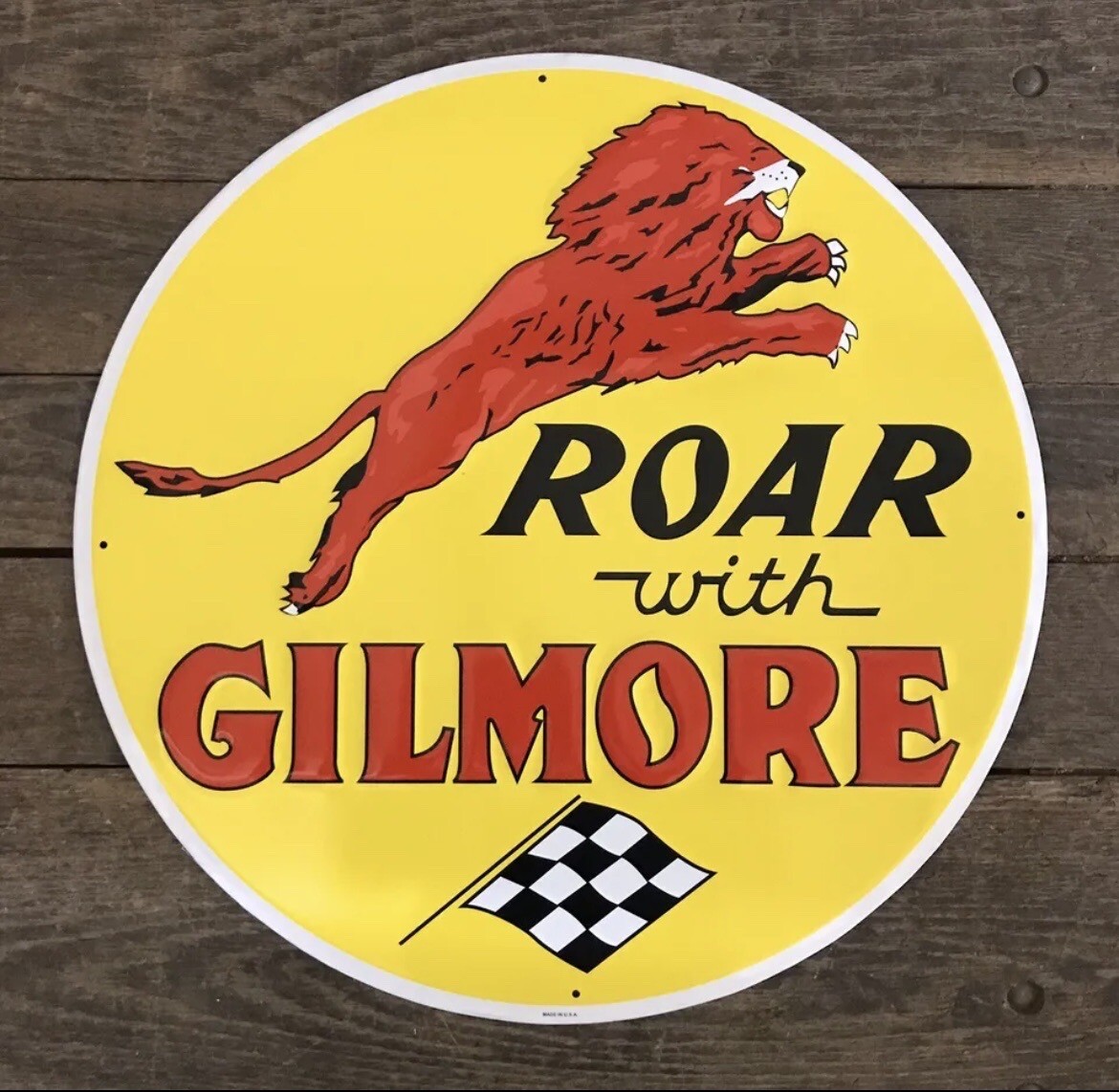 ROAR WITH GILMORE Gasoline 24" Diameter Circular Embossed Metal Sign | eBay