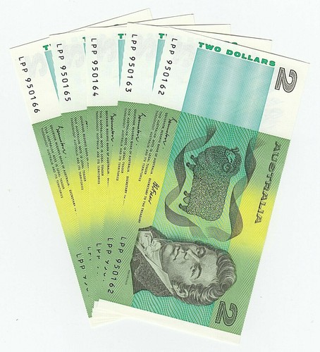 AUSTRALIA Two Dollar $2 Notes x 5 (UNC) CONSECUTIVE Serial Numbers ...