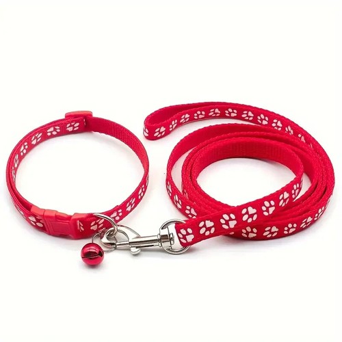 Pet Collar & Leash Cat Dog 2 Pieces Set w/Bell Safety Buckle Paws Print ...