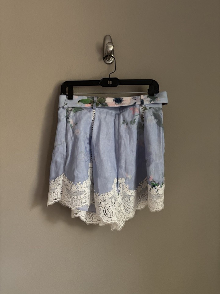 NWT Authentic Zimmermann Everley Floral Lace Trim Belted Tuck Shorts sz ...